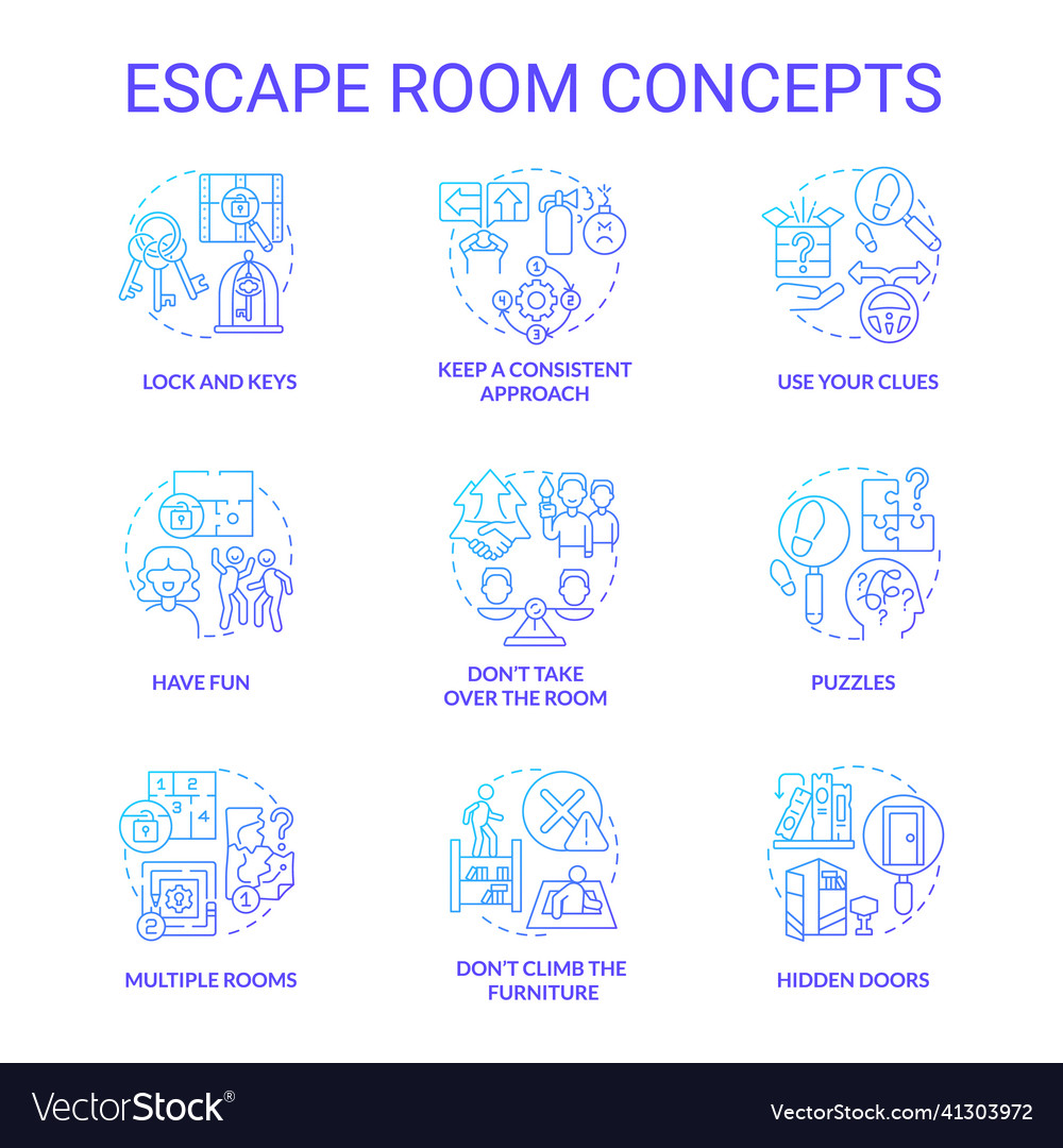 Escape room blue gradient concept icons set Vector Image