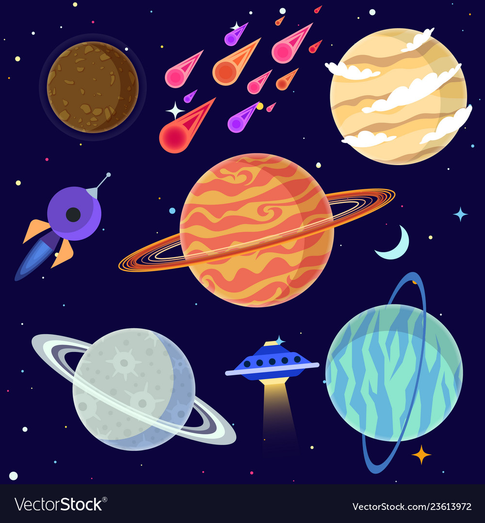 Set cartoon planets and space elements Royalty Free Vector