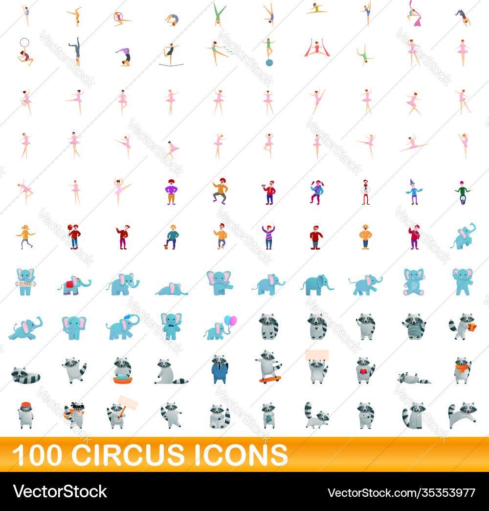 100 circus icons set cartoon style Royalty Free Vector Image