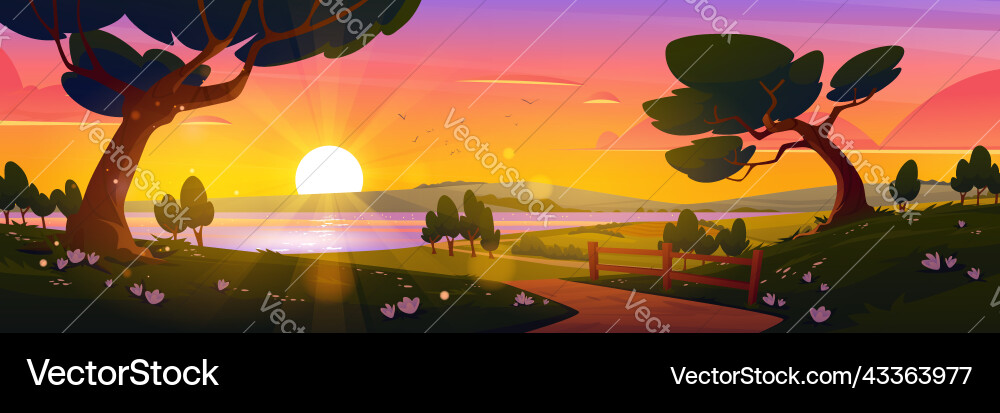 Cartoon nature landscape summer sunset background Vector Image