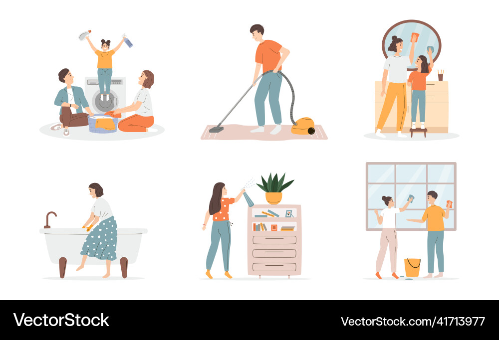 Collection of smiling people doing housework Vector Image