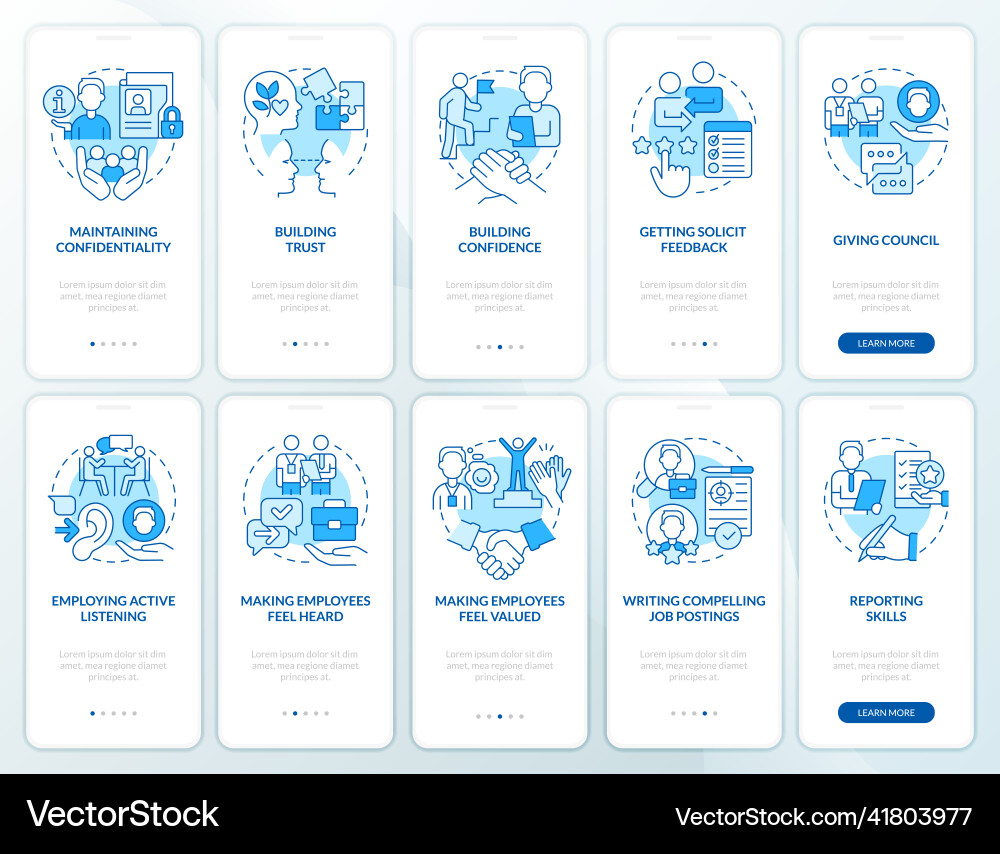 Hr skills blue onboarding mobile app screen set Vector Image
