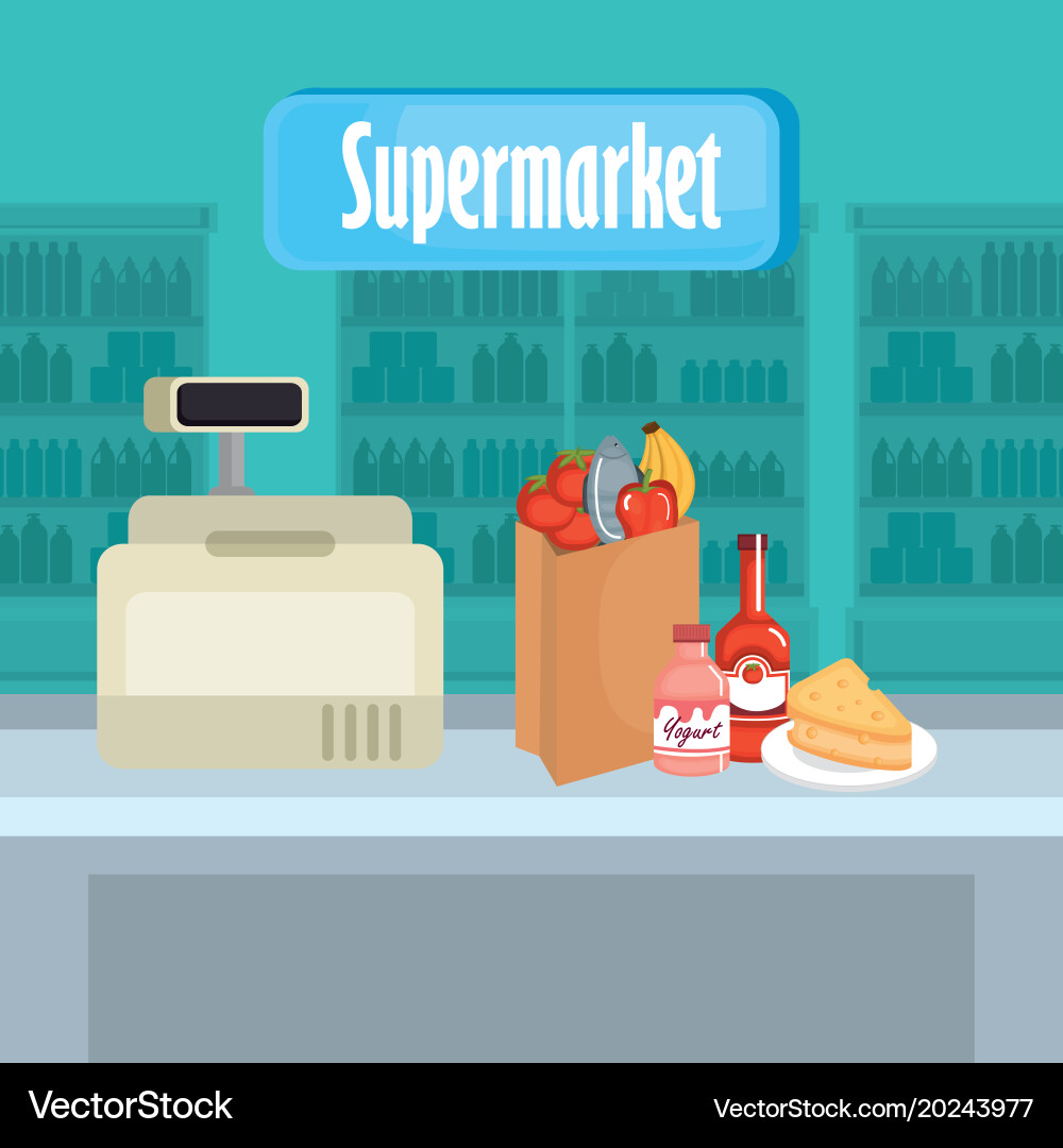 Supermarket groceries with register machine Vector Image