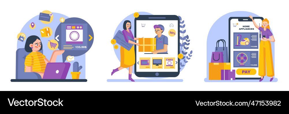 Three ladies purchasing household goods over Vector Image