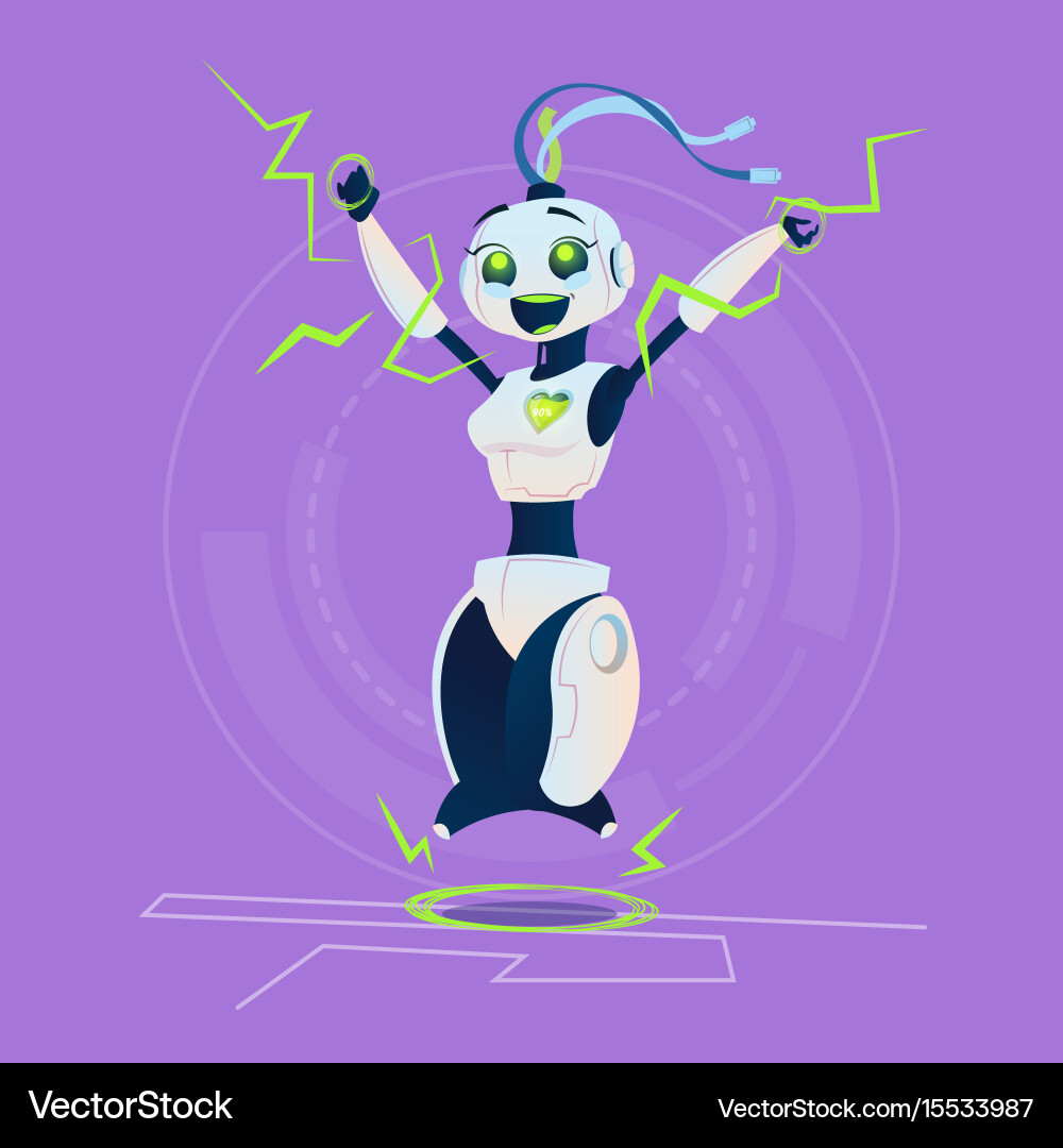 Cute female robot happy smiling full battery Vector Image