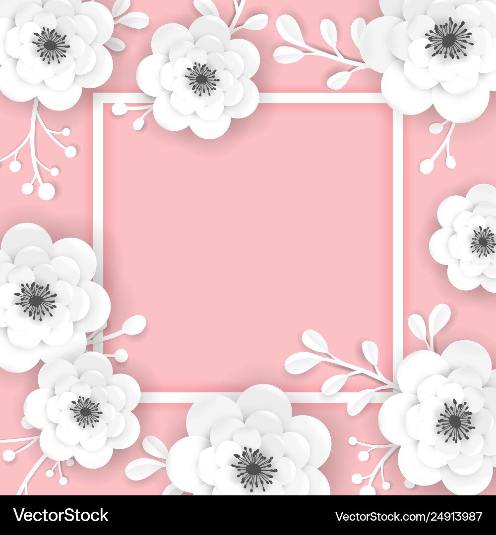 Paper cut flowers frame greeting card template Vector Image