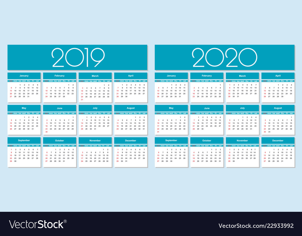 Calendar 2019 and 2020 year Royalty Free Vector Image