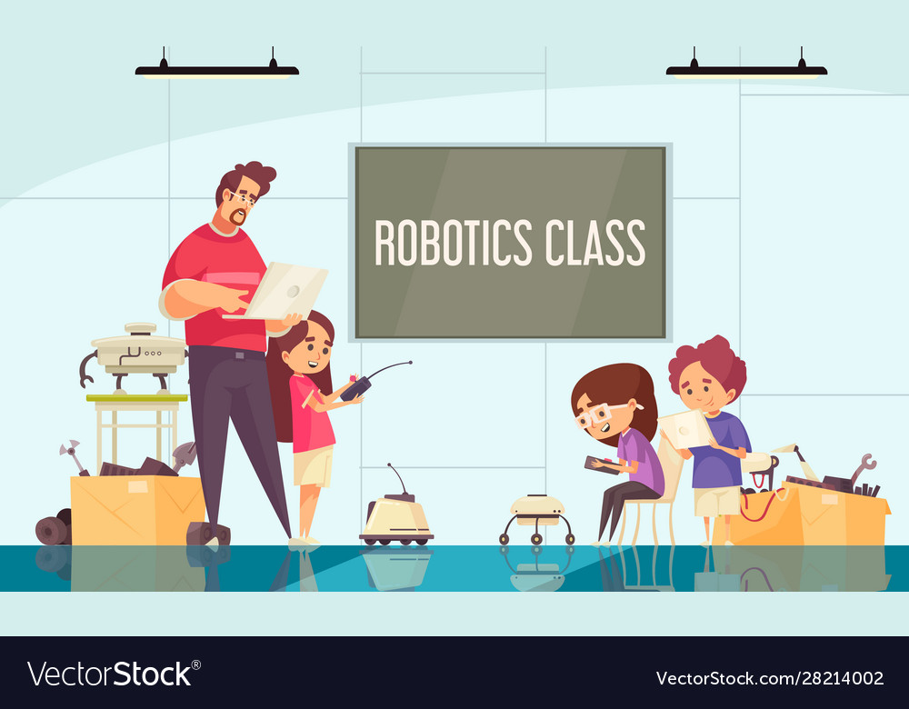 Robotics class cartoon composition Royalty Free Vector Image