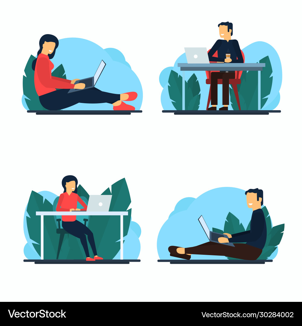 Set banners man and woman using laptop home Vector Image