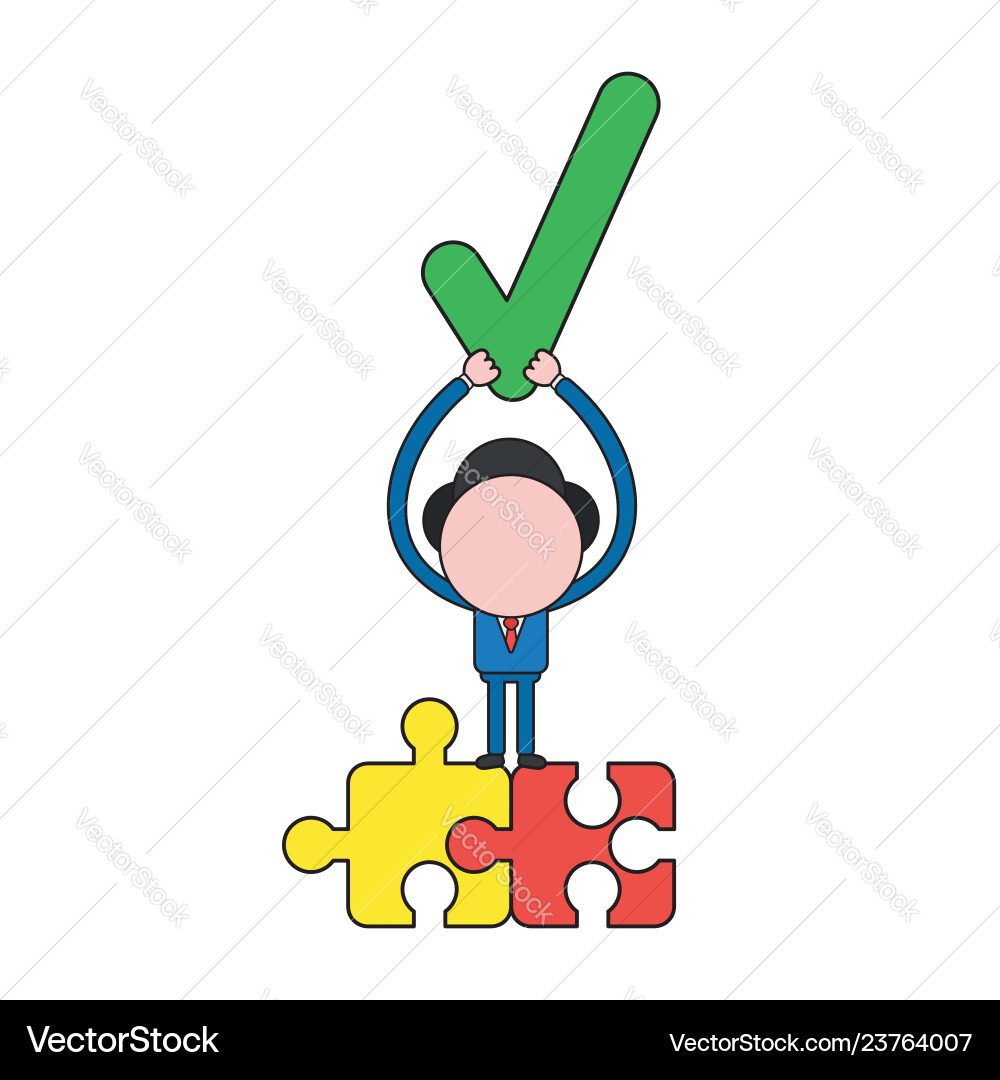 Businessman character holding up check mark Vector Image