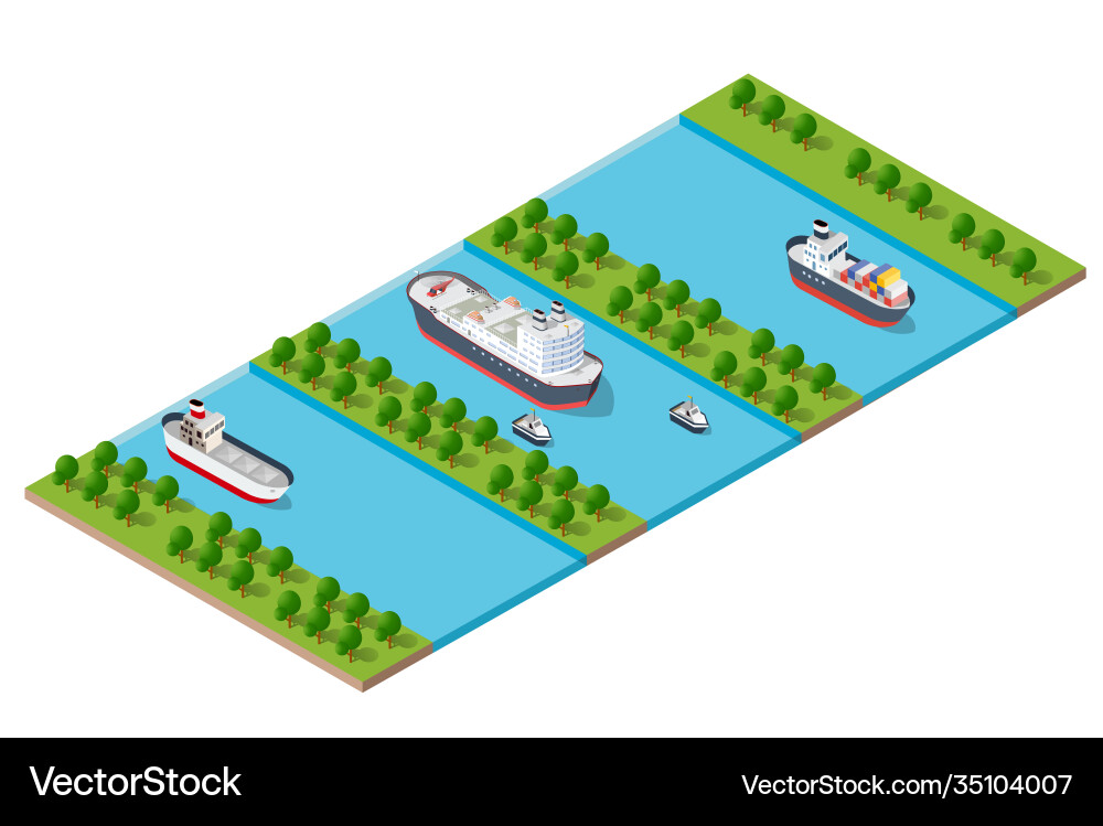 Isometric modern city with water river Royalty Free Vector