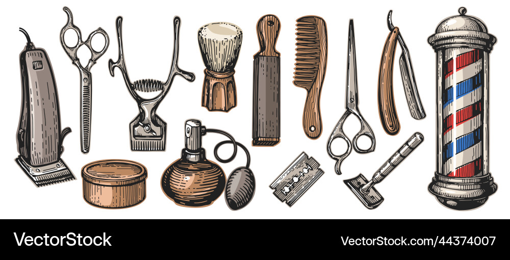 Set retro barbershop tools and items shaving Vector Image