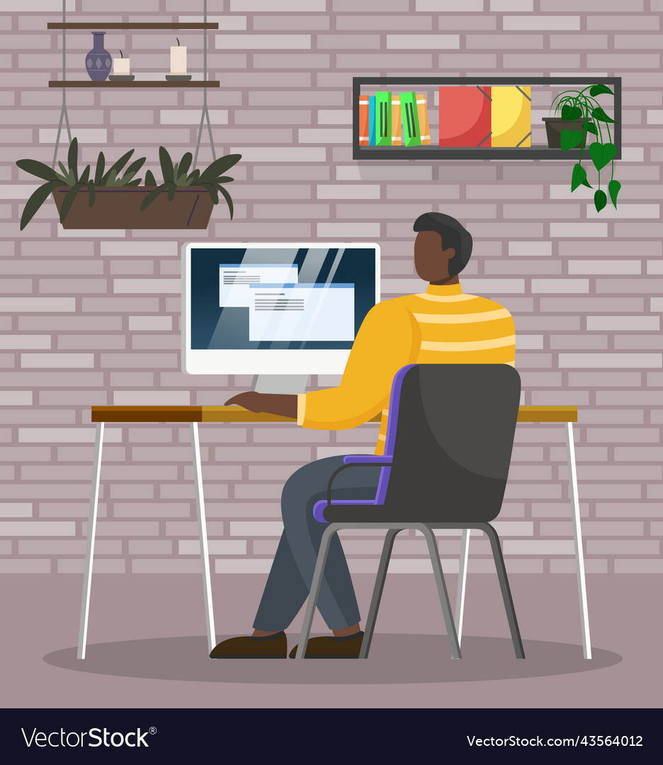 Guy with computer sitting at table home Royalty Free Vector