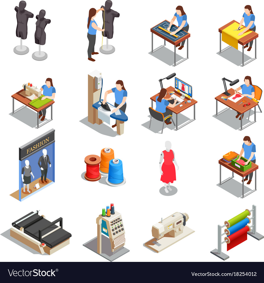 Sewing factory isometric icons set Royalty Free Vector Image Sewing factory isometric icons set Royalty Free Vector Image