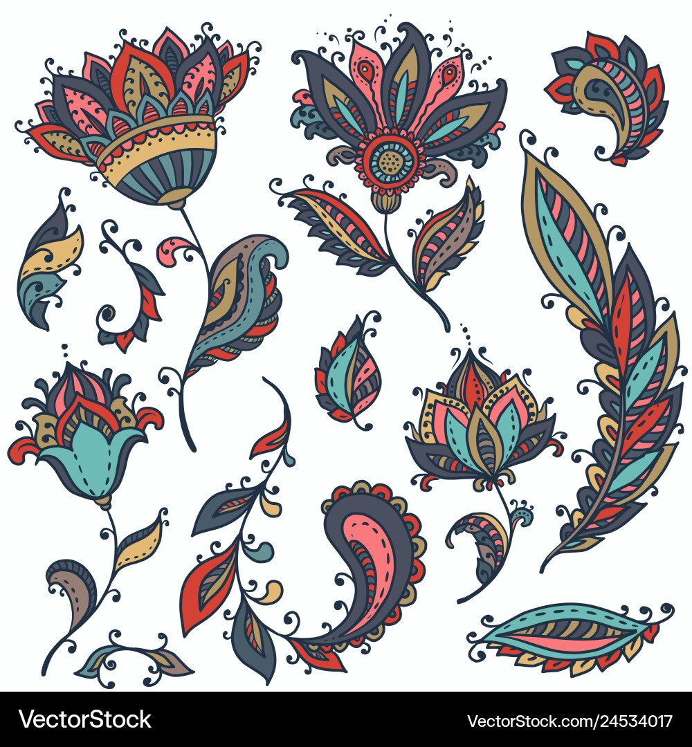 Big set colorful henna floral elements Royalty Free Vector