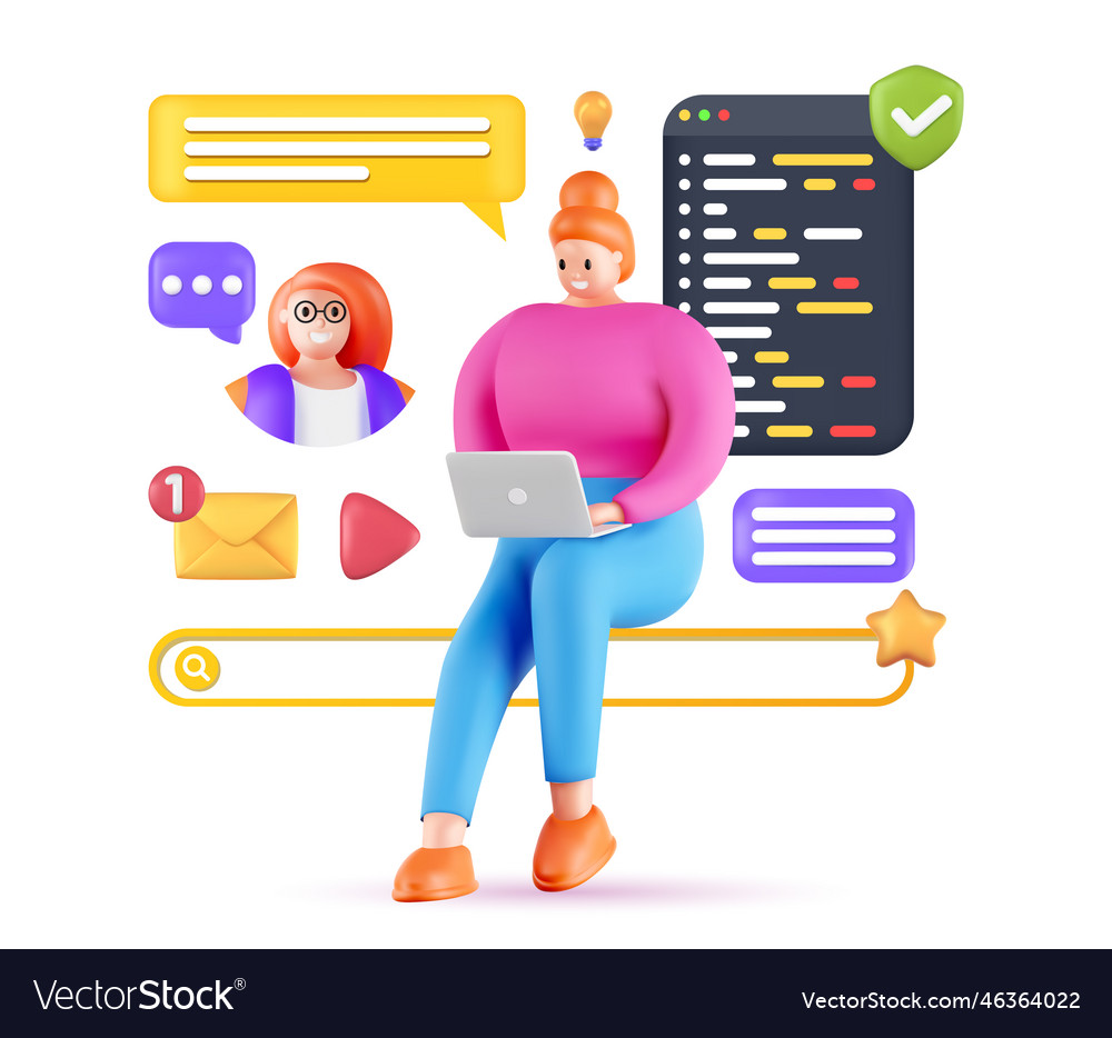 3d cartoon character with computer Royalty Free Vector Image