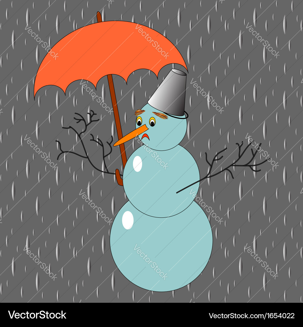 A sad snowman with umbrella in rain Royalty Free Vector