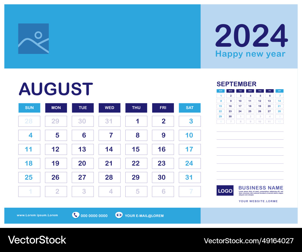 August 2024 year calendar planner and set Vector Image