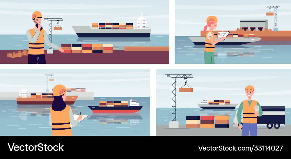 Export ship port banner set with people managing Vector Image