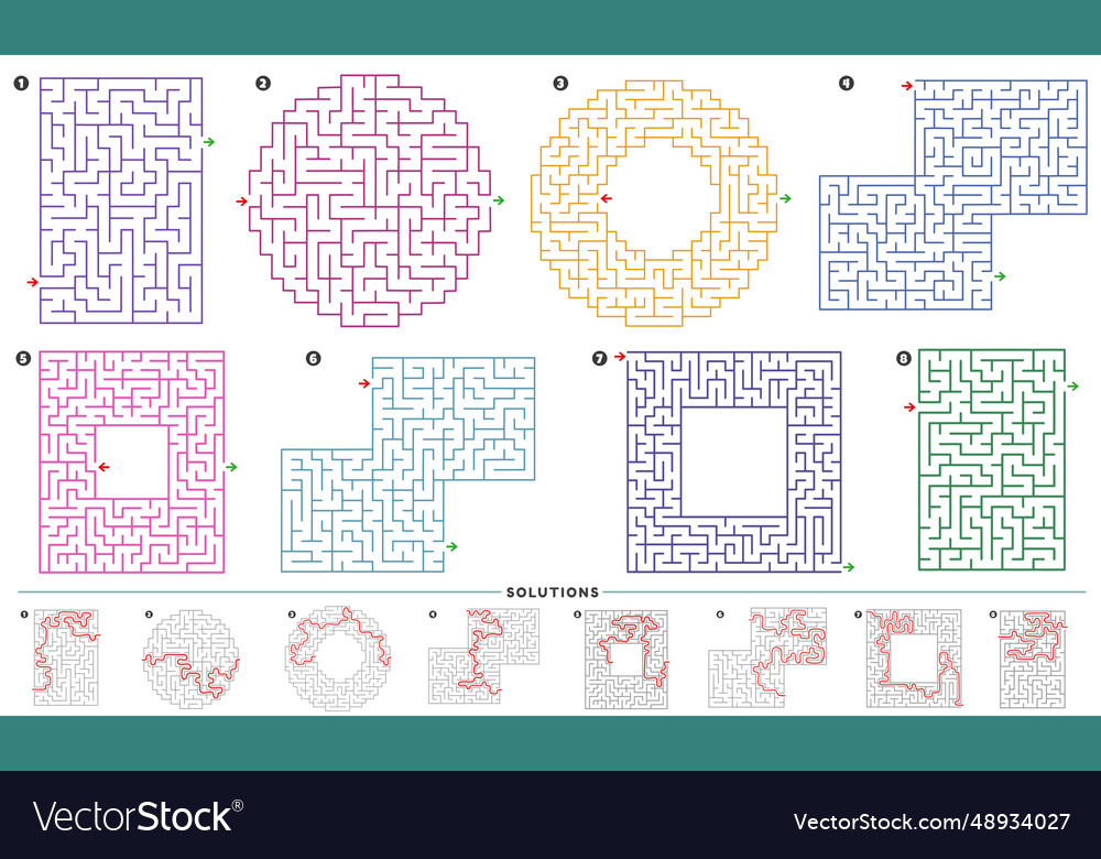 Maze puzzle activities graphs set with solutions Vector Image
