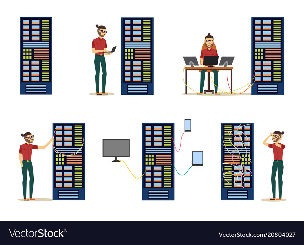 Set of server room images with data center Vector Image