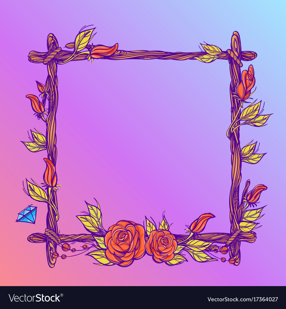 Square frame made of branches with roses Vector Image