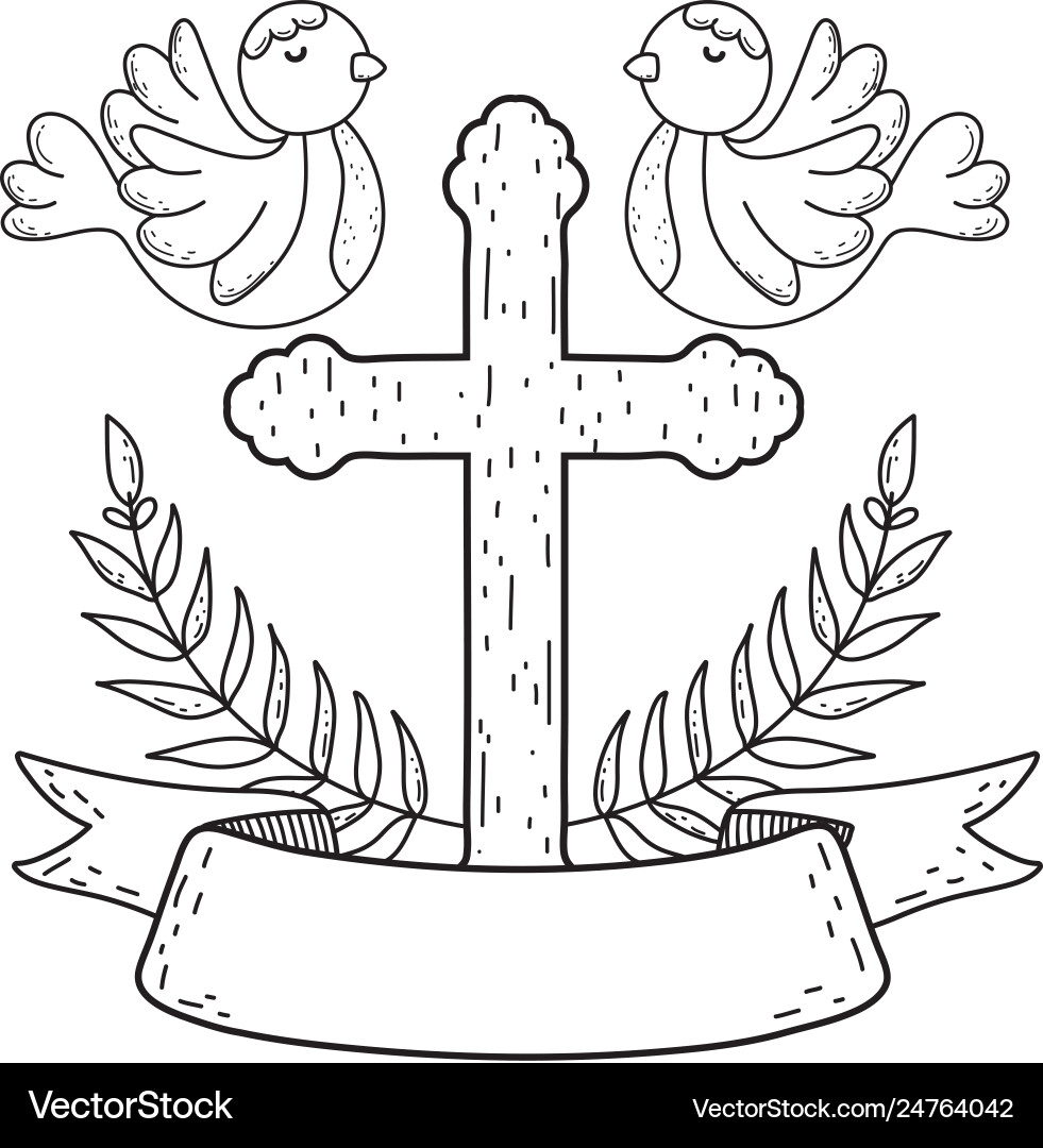 Cute doves birds with cross Royalty Free Vector Image