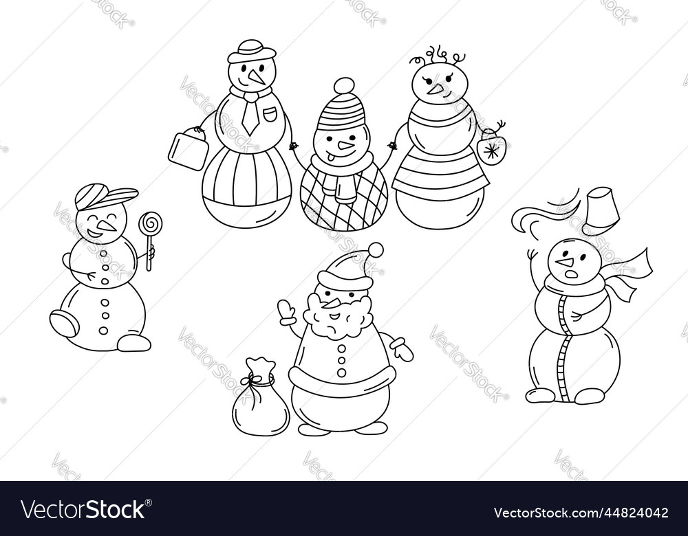 Cute snowmen doodles set collection Royalty Free Vector