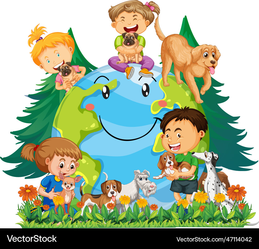 Earth planet with cartoon characters Royalty Free Vector