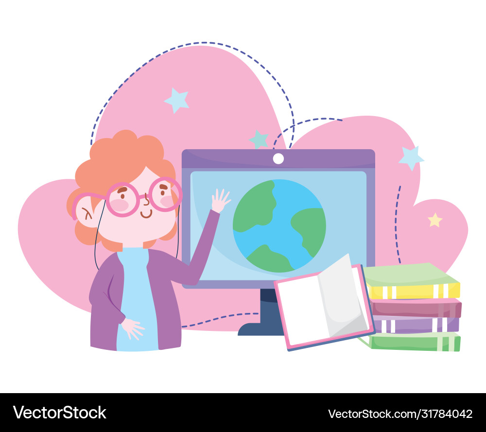 Online education teacher computer world and books Vector Image