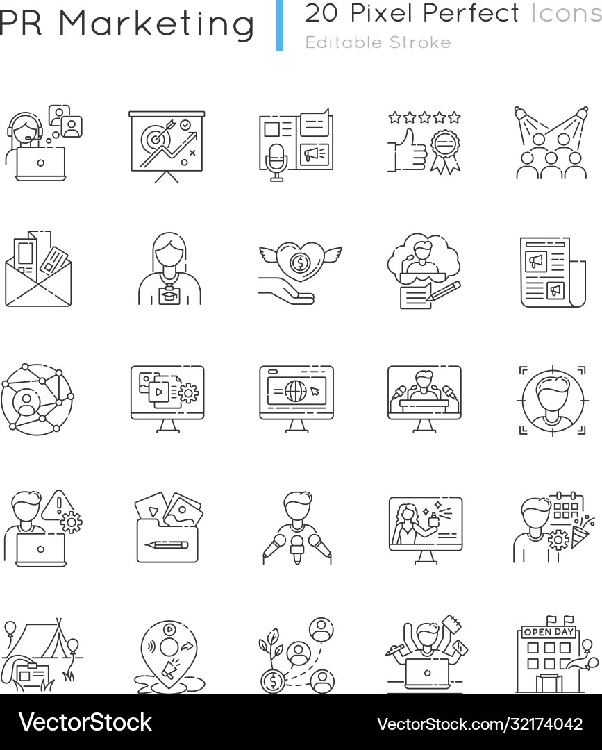 Pr marketing pixel perfect linear icons set Vector Image