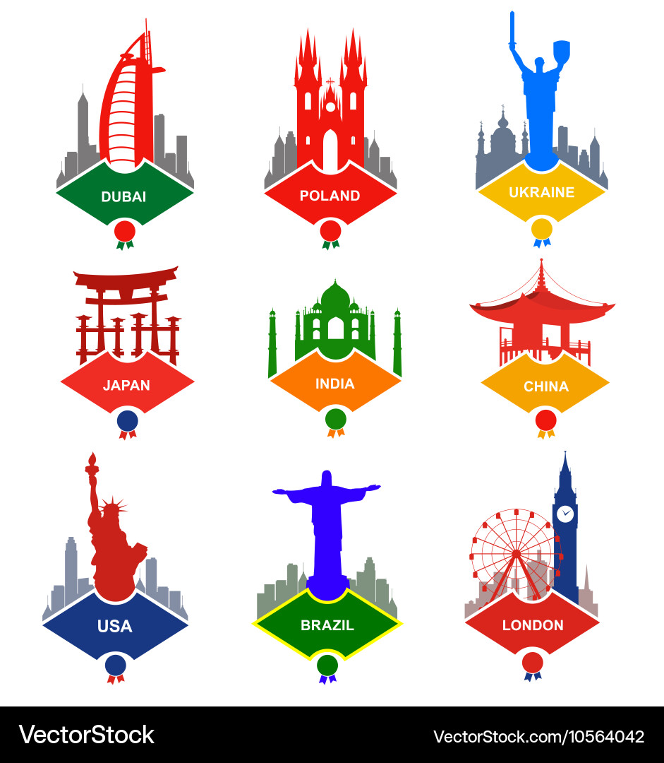 Set of stickers in different countries Royalty Free Vector