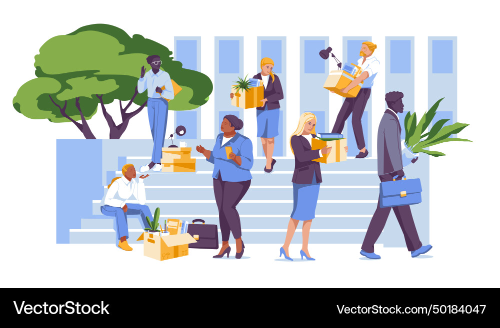 A crowd of various laid-off workers on the steps Vector Image