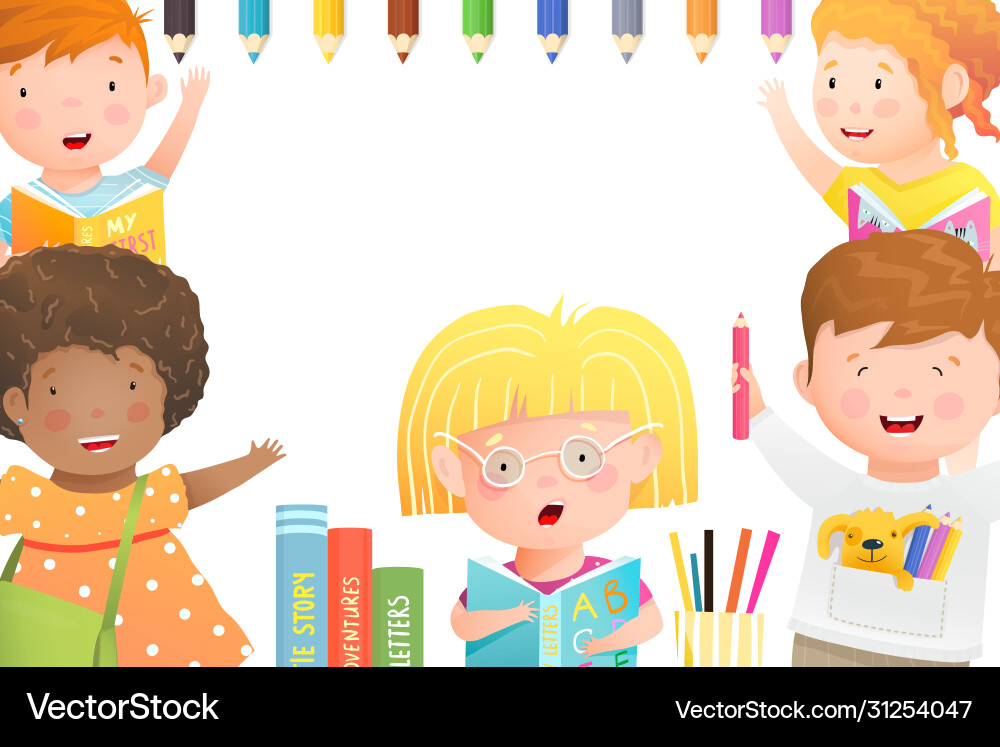 Kids playing studying and drawing poster or Vector Image