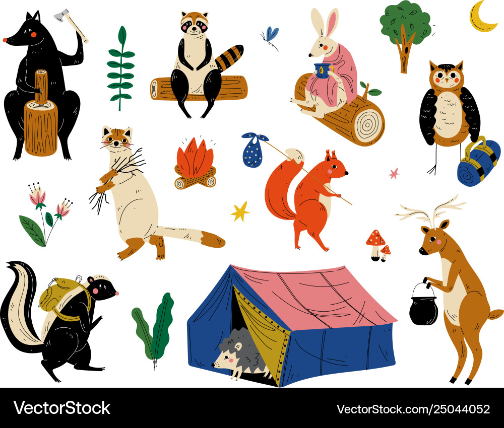 Collection animals characters having hiking Vector Image