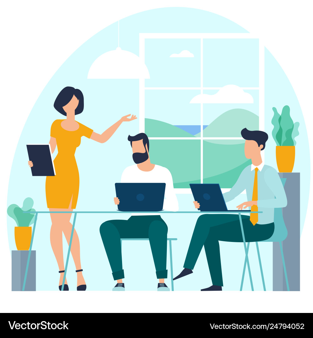 Coworkers are communicating in office Royalty Free Vector