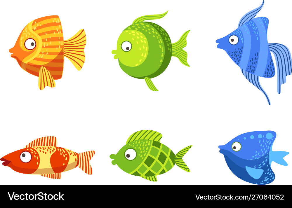 Cute fish set colorful stylized marine Royalty Free Vector