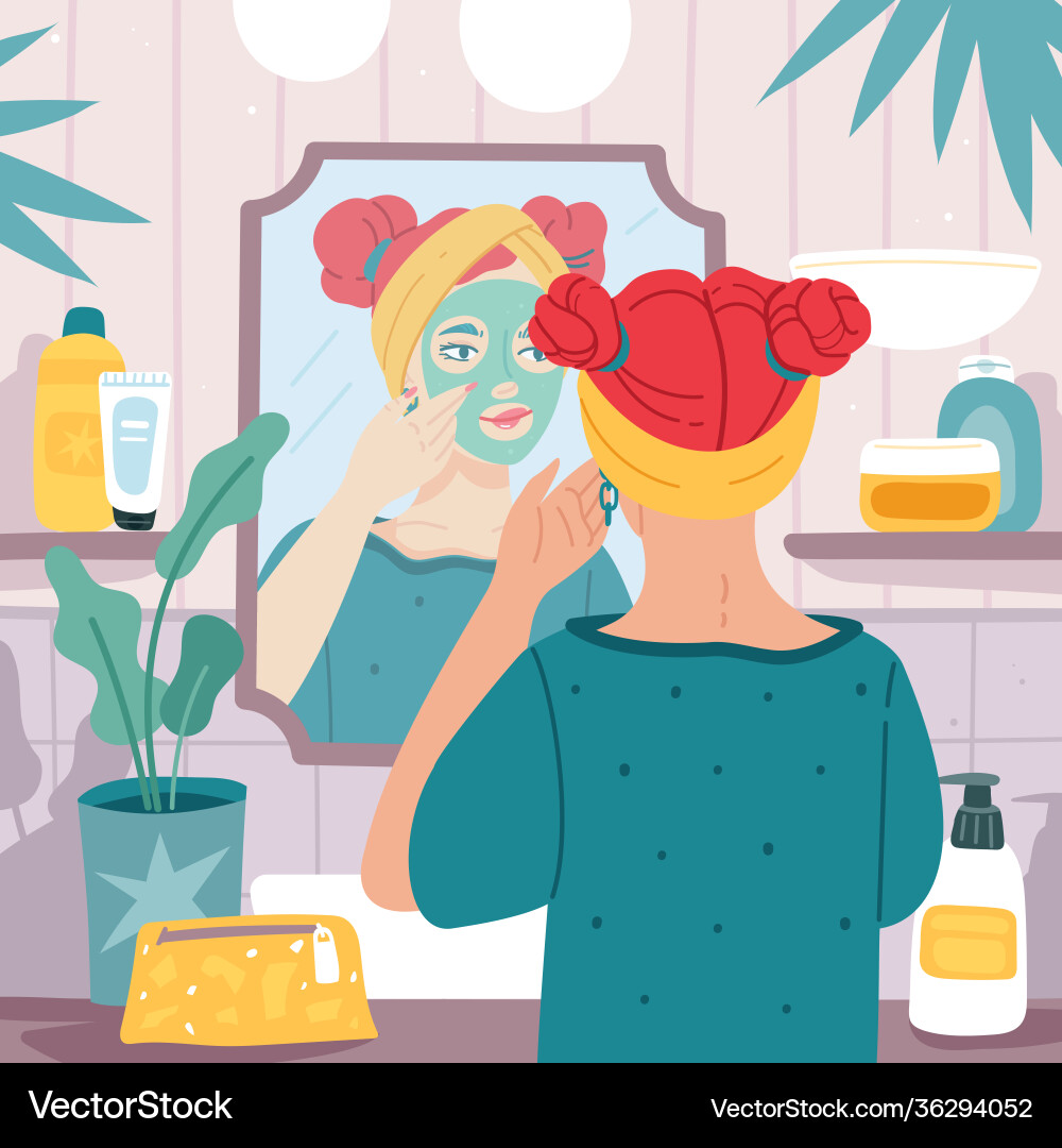 Mirror reflection beautiful woman makes face mask Vector Image