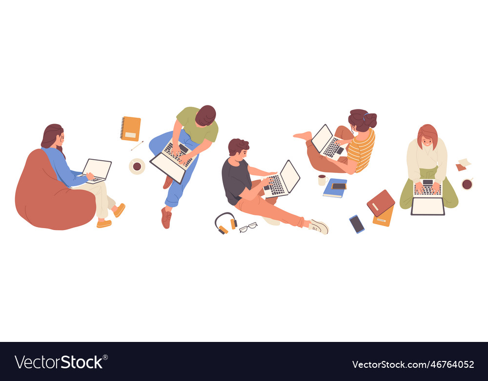 Set of diverse young people using laptop computer Vector Image