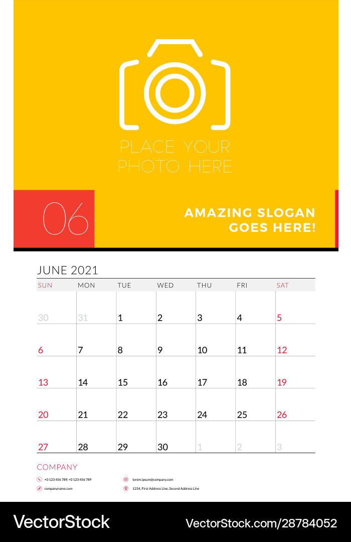 Wall calendar planner template for june 2021 week Vector Image