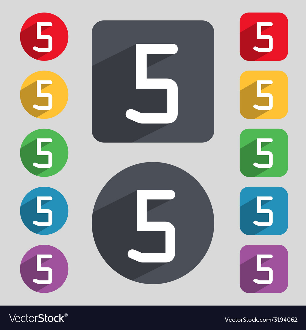 Number five icon sign set of coloured buttons Vector Image