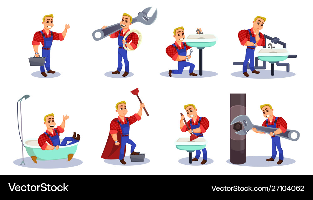 Plumber at work character repairing eliminating Vector Image
