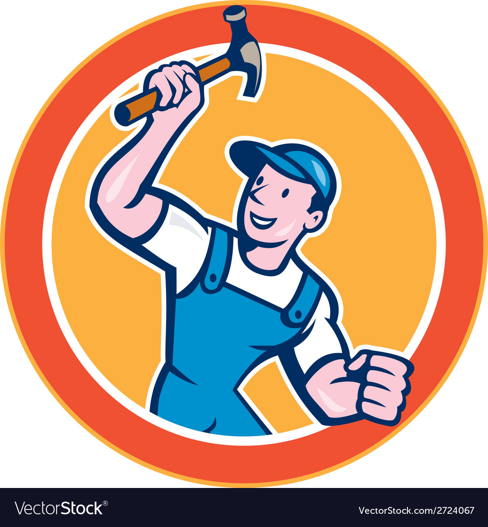 Builder carpenter holding hammer circle cartoon Vector Image Builder carpenter holding hammer circle cartoon Vector Image