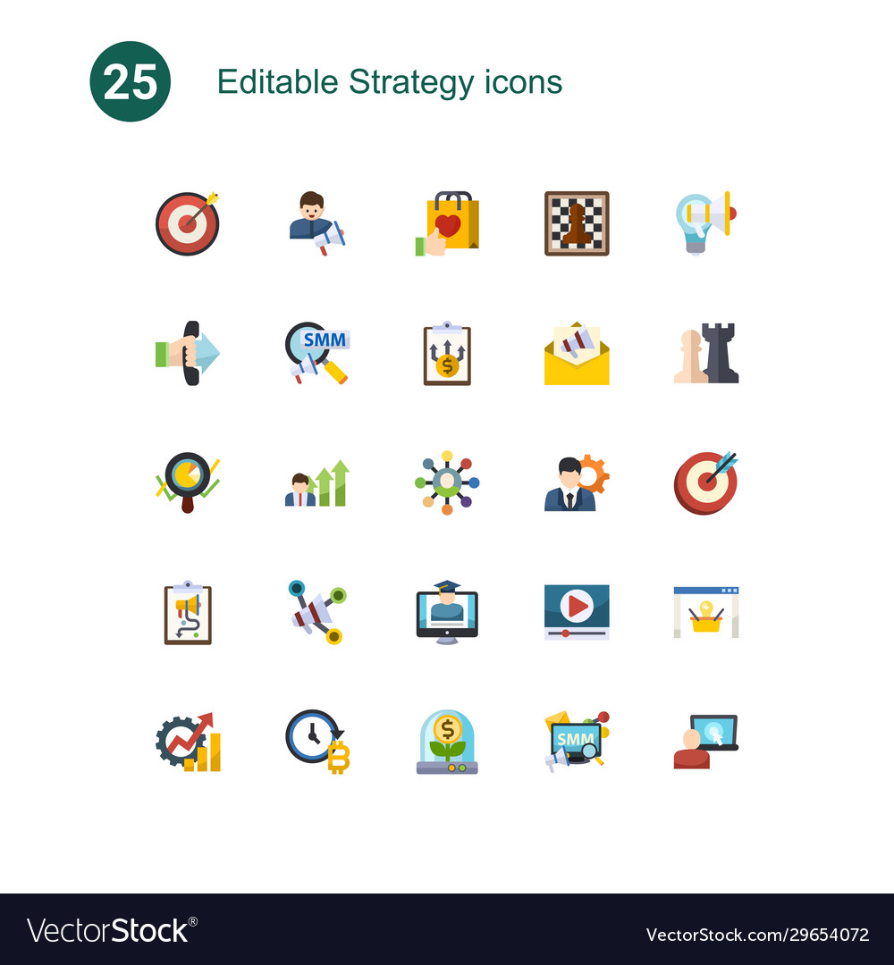 25 strategy flat icons set isolated on icons set Vector Image