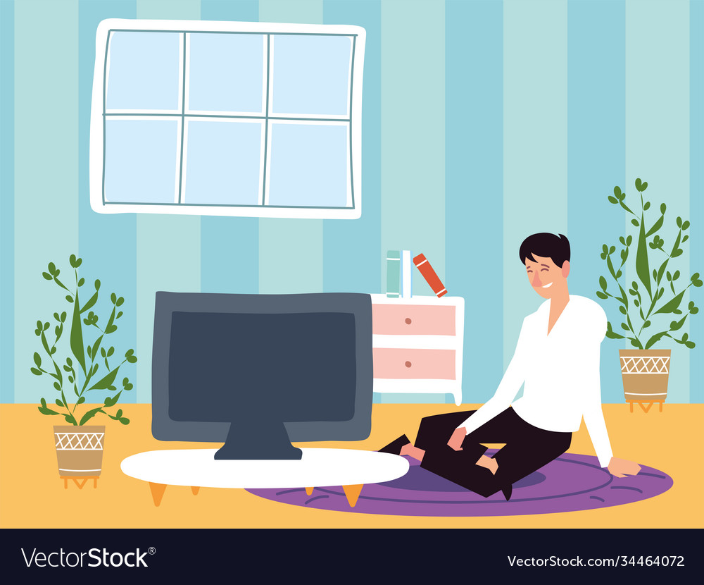 Man sitting on carpet using computer work from Vector Image