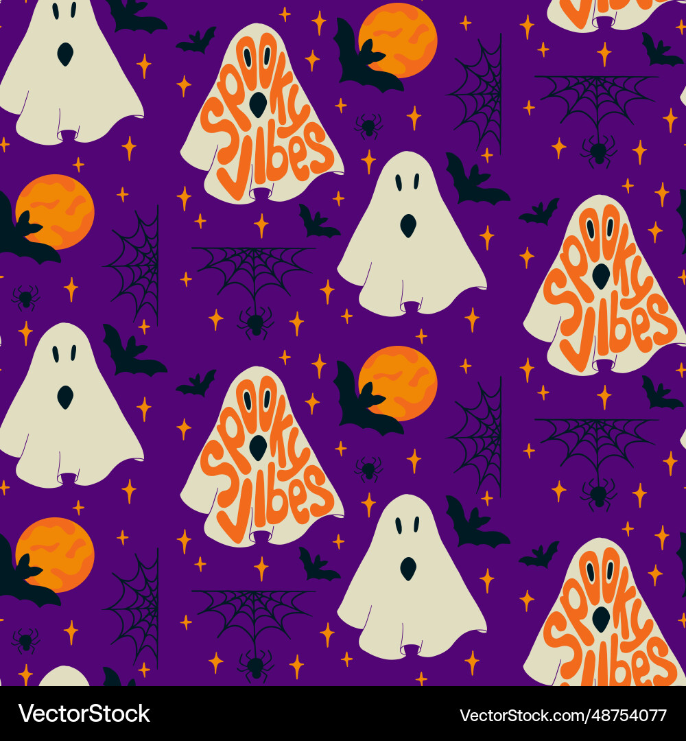 Ghost pattern with halloween groovy lettering Vector Image