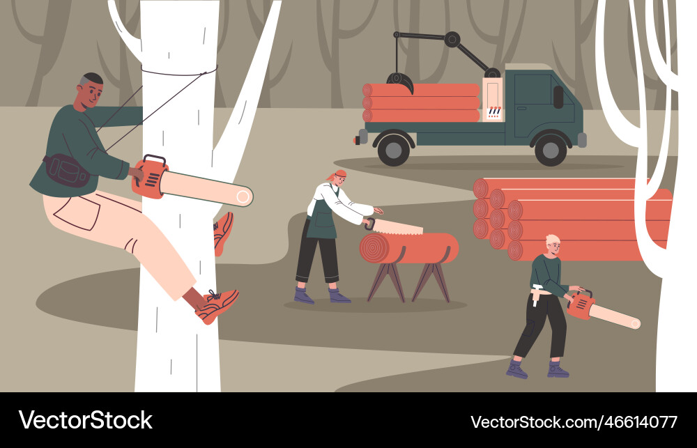 Lumberjacks chop down trees cartoon woodworkers Vector Image