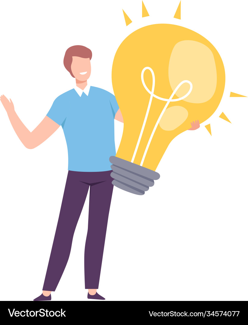 Young man holding big glass light bulb Royalty Free Vector