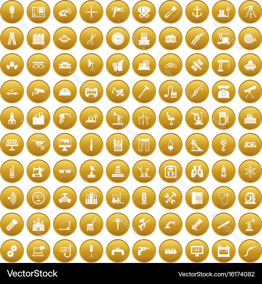 100 equipment icons set gold Royalty Free Vector Image