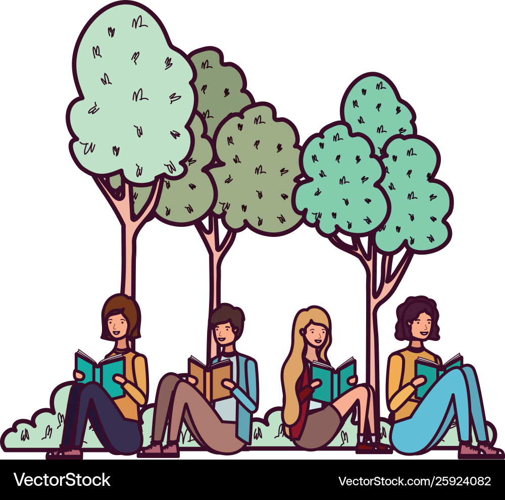 Group people sitting with book in landscape Vector Image